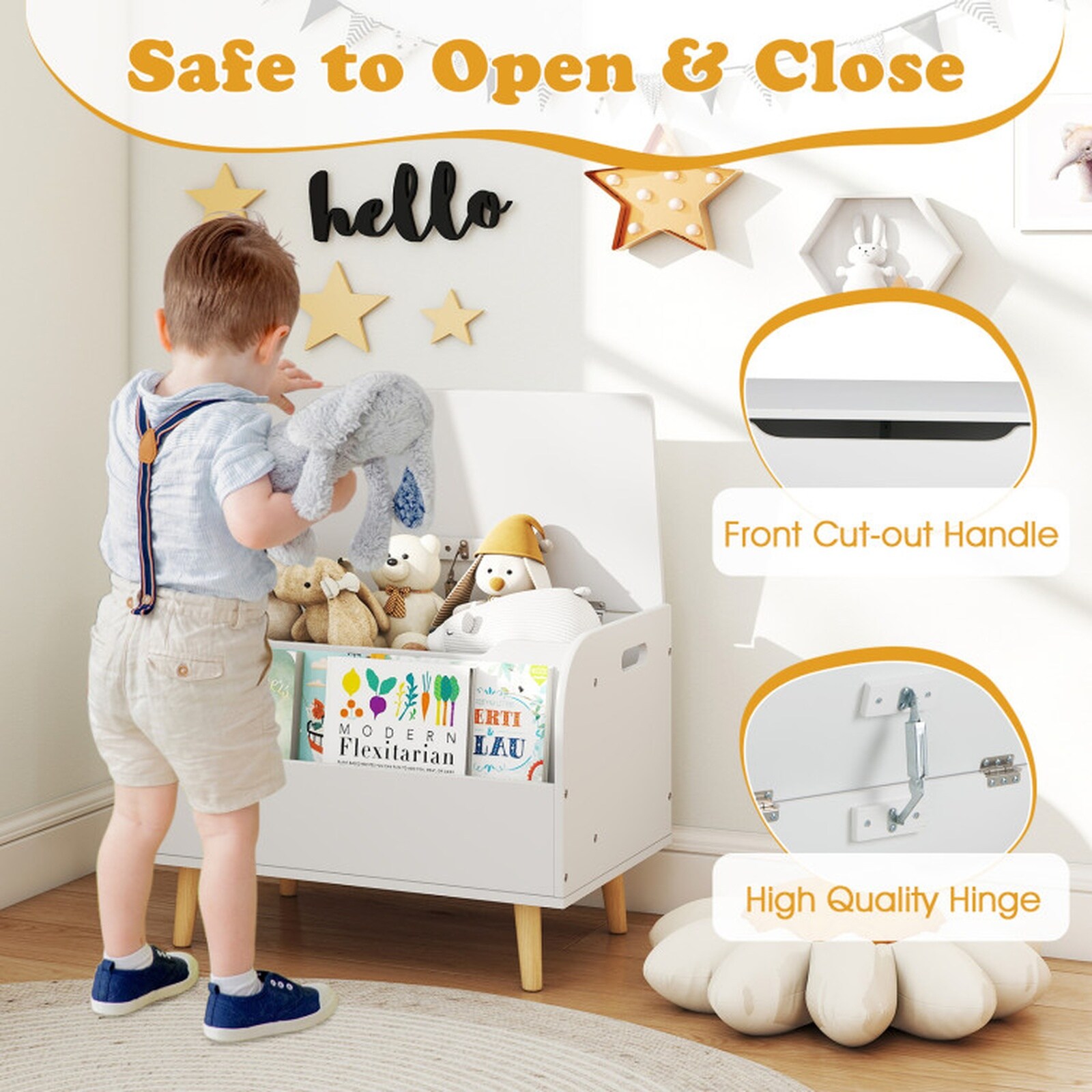 SUGIFT 23-in Wooden Kids Toy Box with Front Bookshelf Slow-Close Hinge ...
