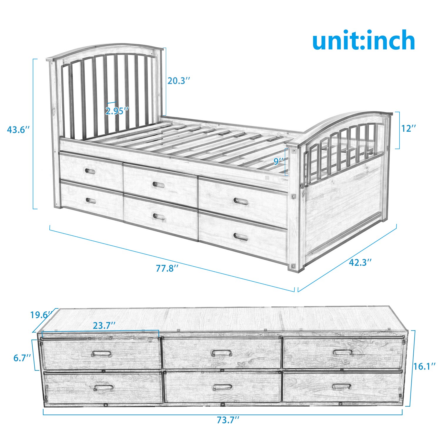 Bellemave Oak Twin Wood Platform Bed with Six Drawers for Kids in the ...