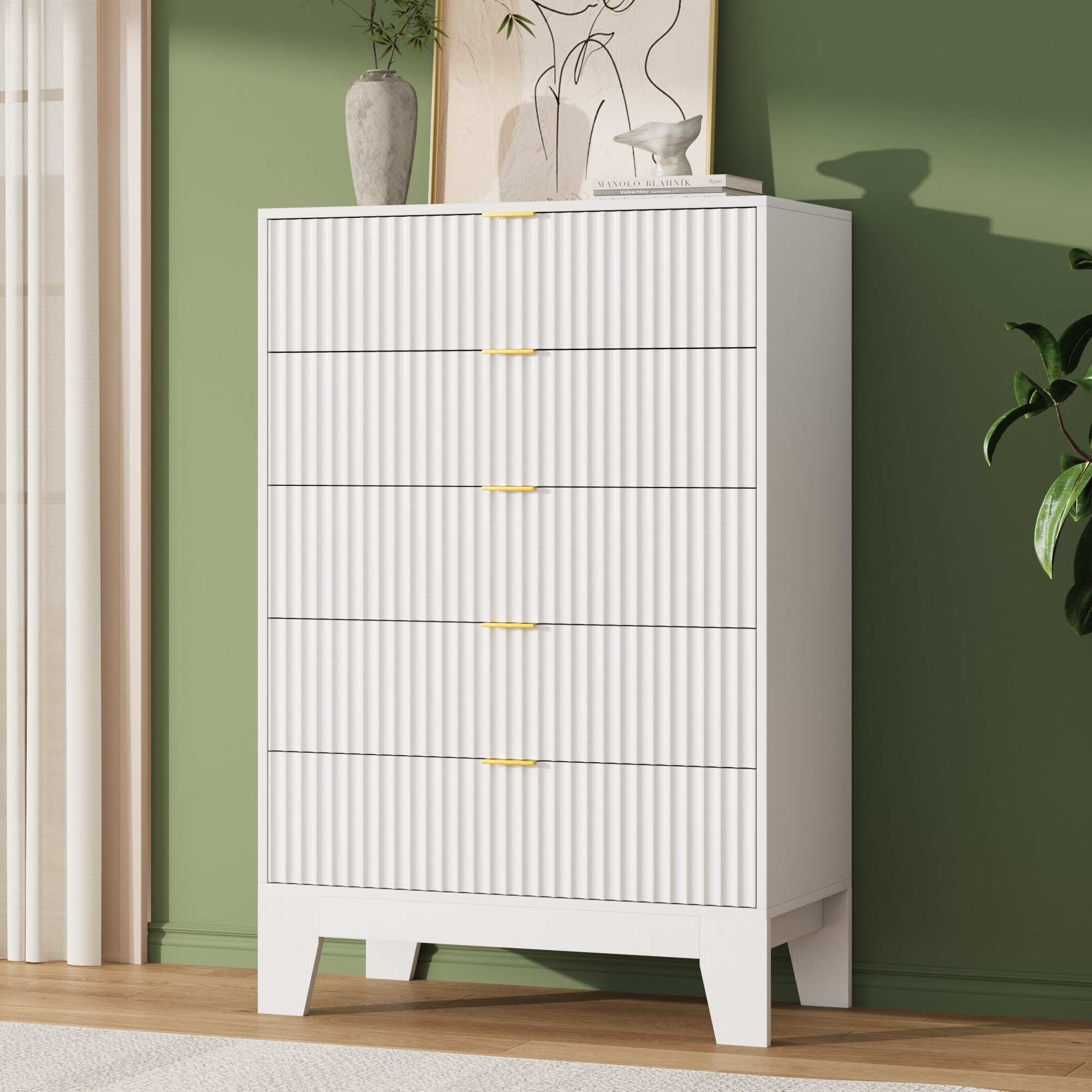 Garvee Modern 5 Drawer Dresser with Fluted Front Light Wood Chest of ...