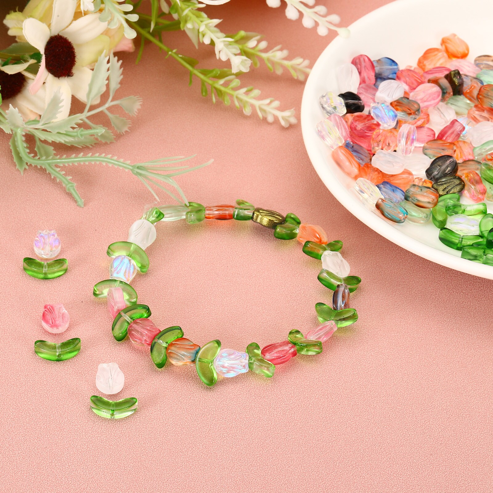 PATIKIL Tulip Flower Crystal Glass Beads 200pcs Flower Bead Handcrafted ...