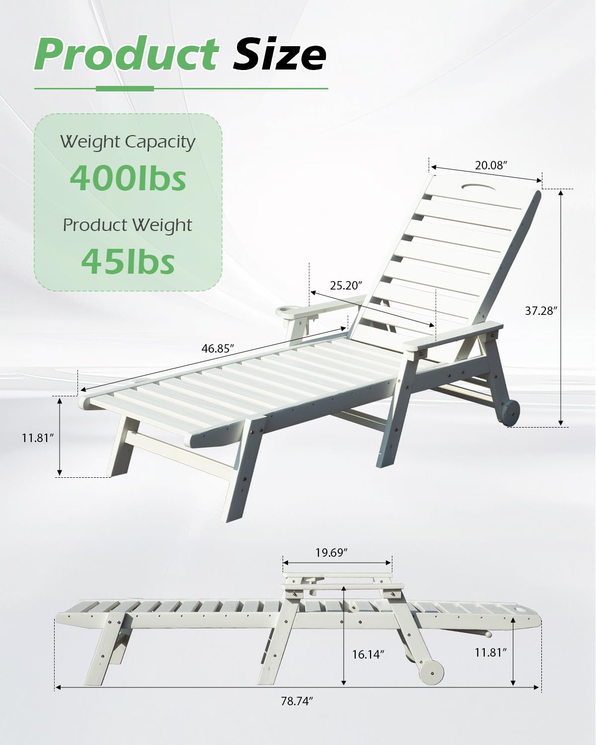 Huluwat Patio Lounge Chair Outdoor HDPE Outdoor Chaise Lounge with ...