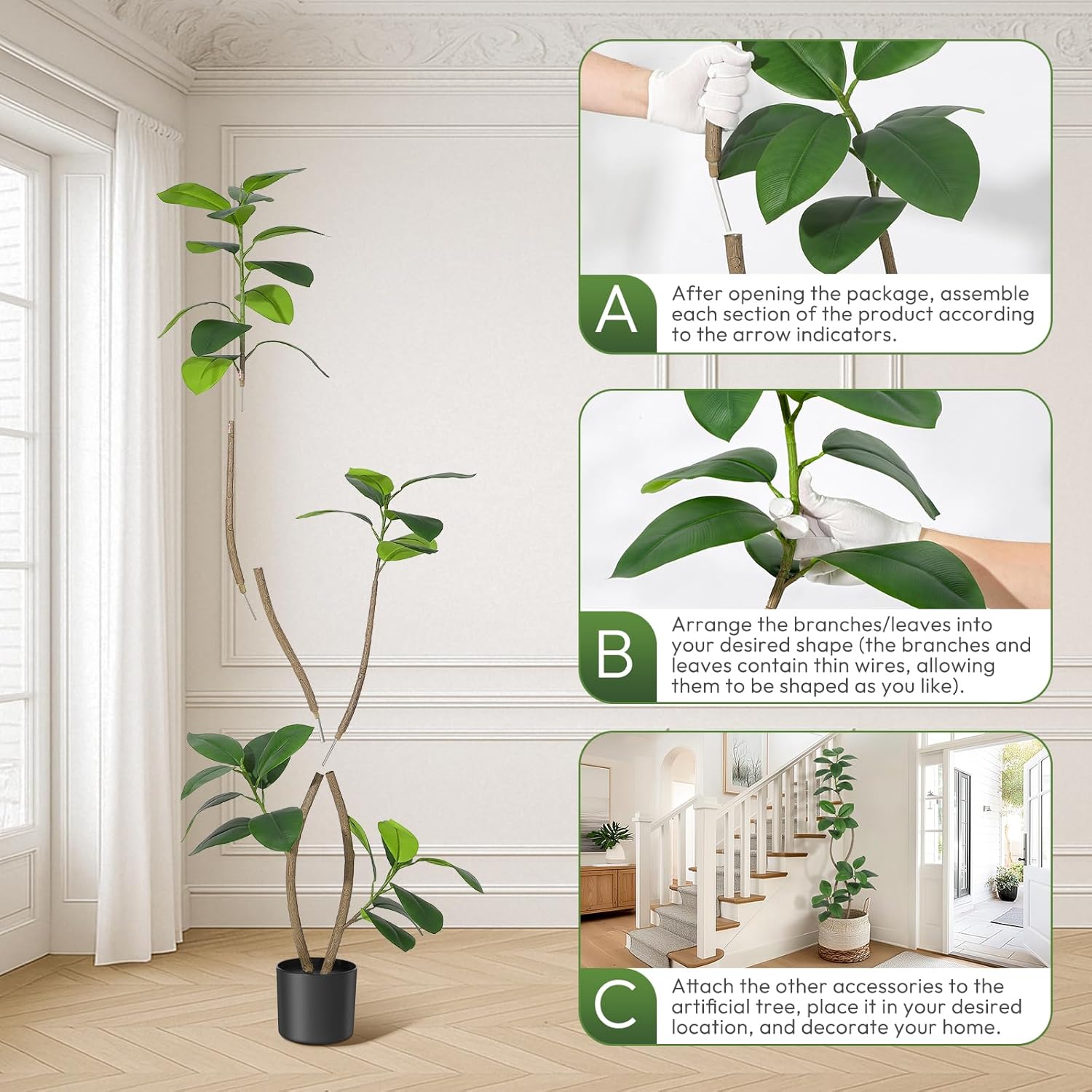 GAOMON 6FT Artificial Rubber Tree with Black Resin Pot - Faux Fiddle ...