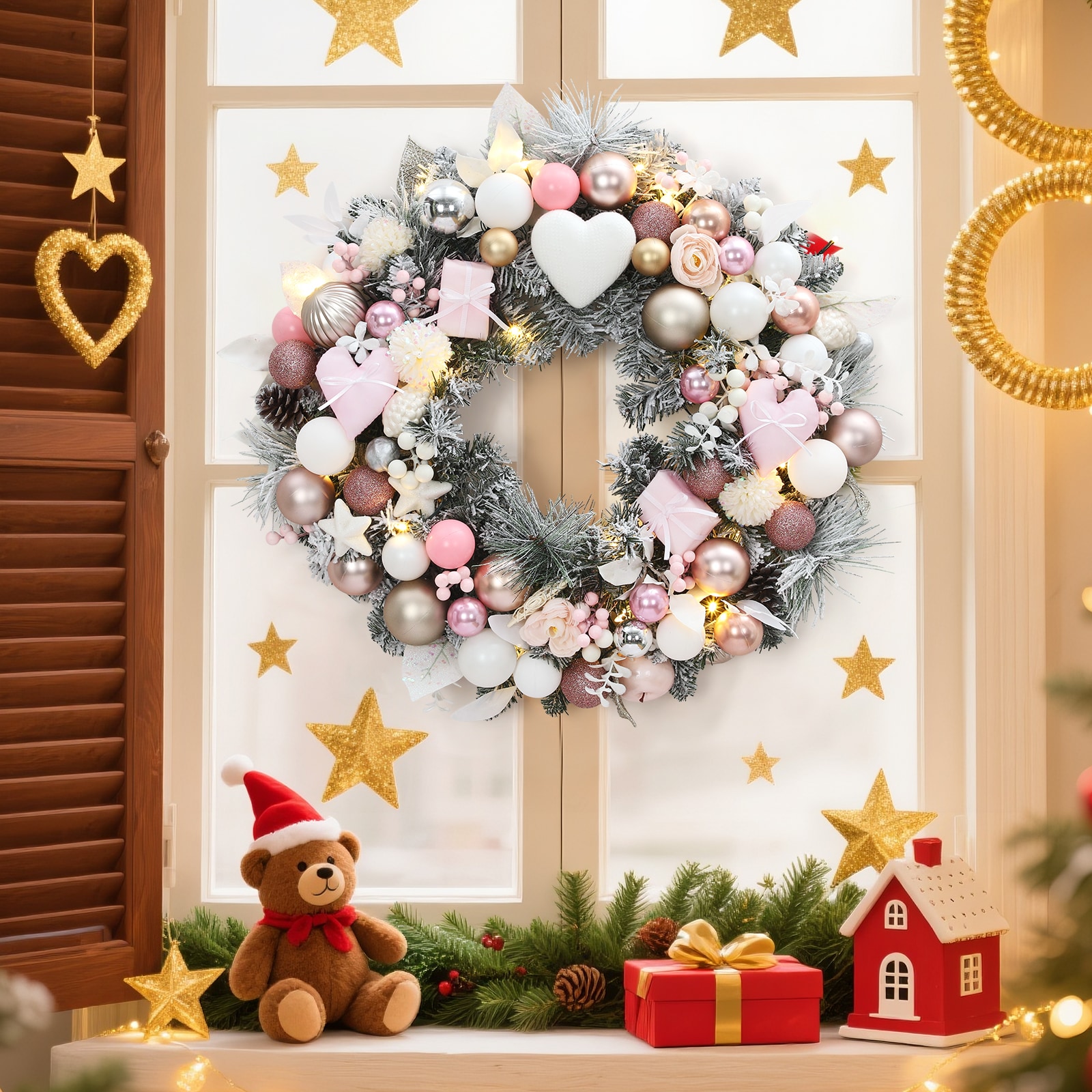 Garvee 24 Inch Pink Christmas Wreath with 20 LED 8 Modes LED Lights ...