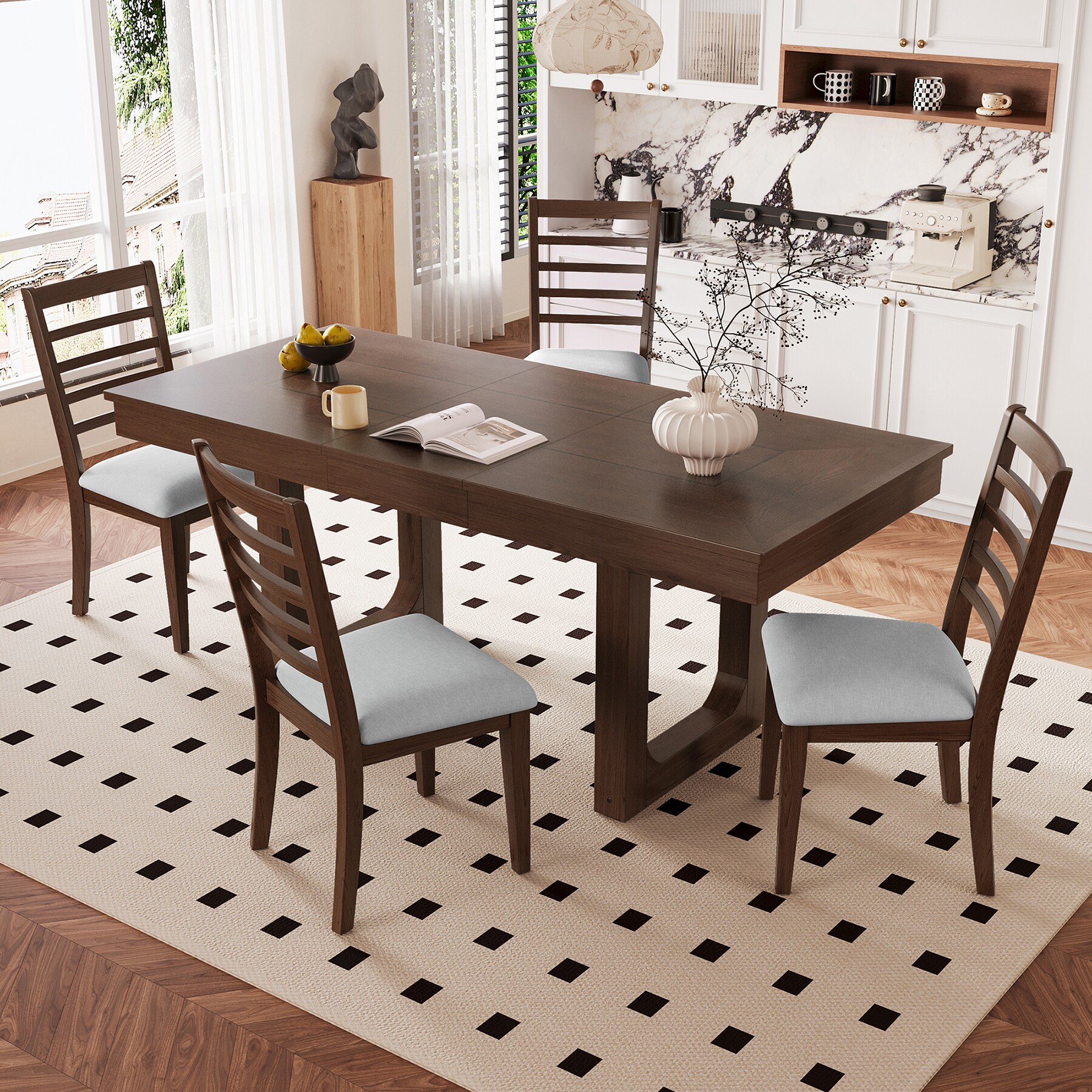 SINOFURN Walnut Rustic Dining Room Set with Rectangular Table ( Seats 4 ...