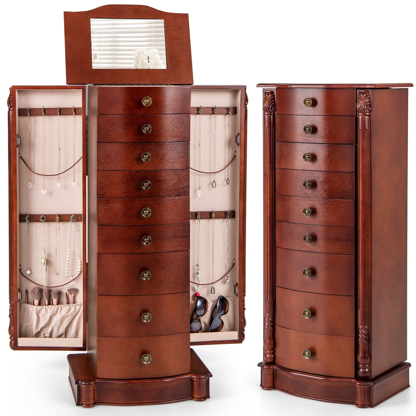 Slickblue Brown Wooden Jewelry Armoire with Flip-Up Mirror Side Hanger ...