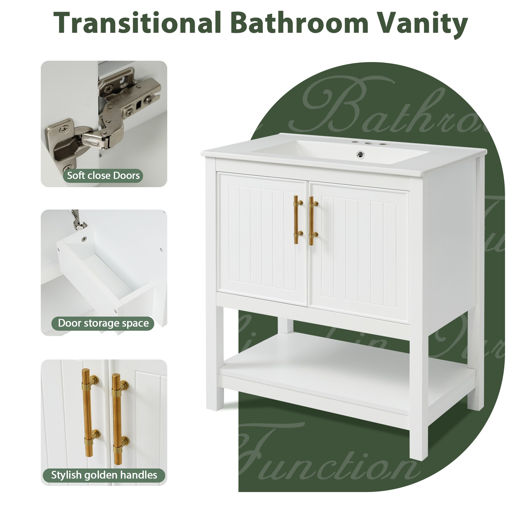 GDFStudio Ava 30-inch Bathroom Vanity with Ceramic Sink and Soft-close ...