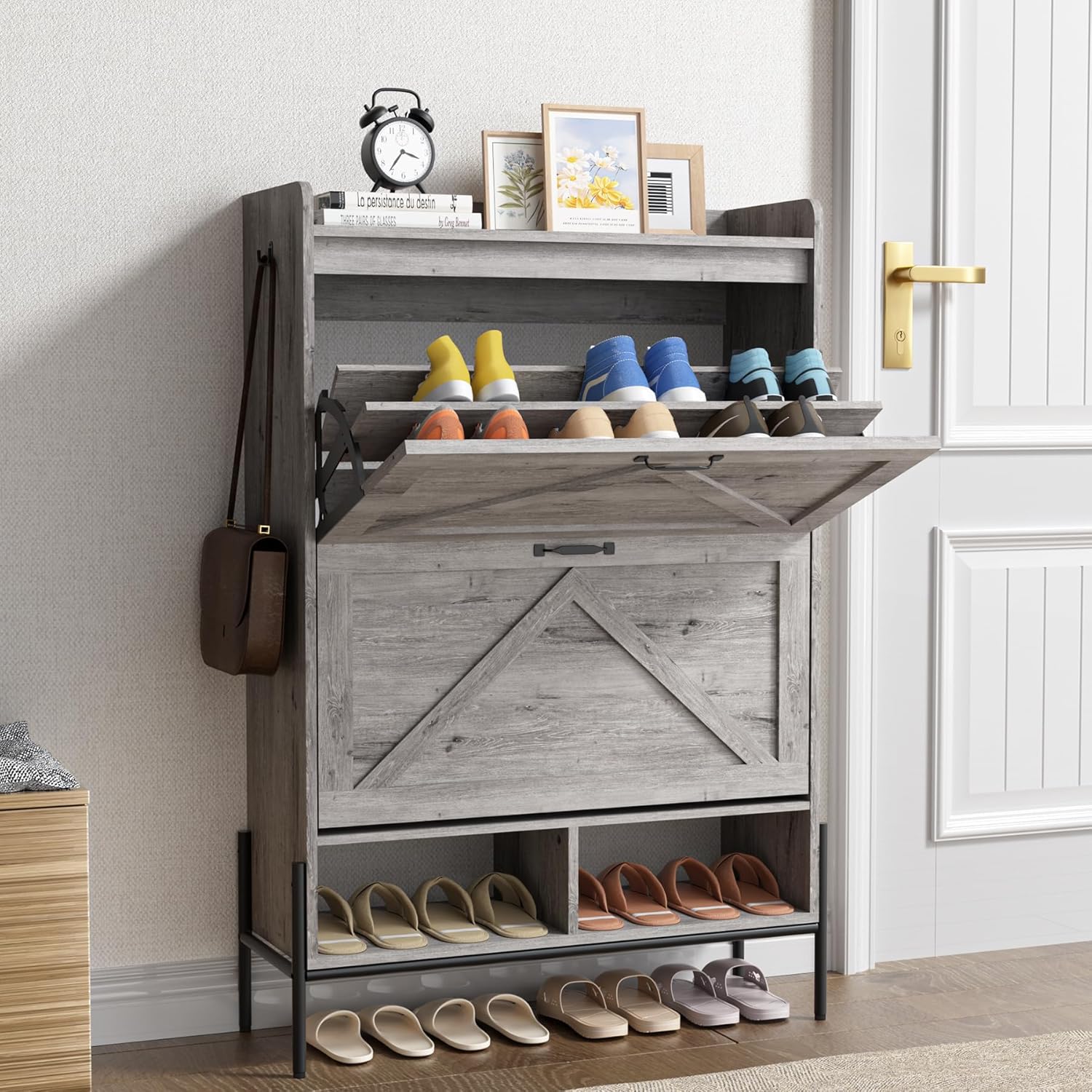 Garvee Shoe Storage Cabinet with 2 Flip Drawers Hidden Wood Shoe Rack ...