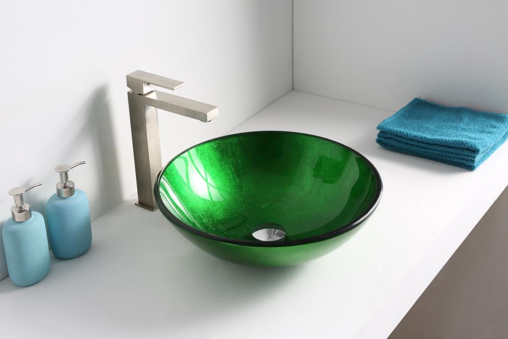 ANZZI Melody Lustrous Green Tempered Glass Vessel Round Modern Bathroom ...