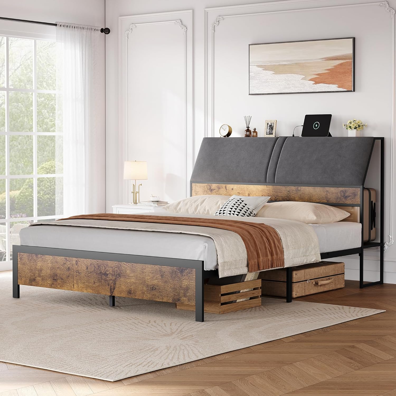 GarveeLife Industrial Queen Platform Bed Frame with Storage/ Ergonomic ...