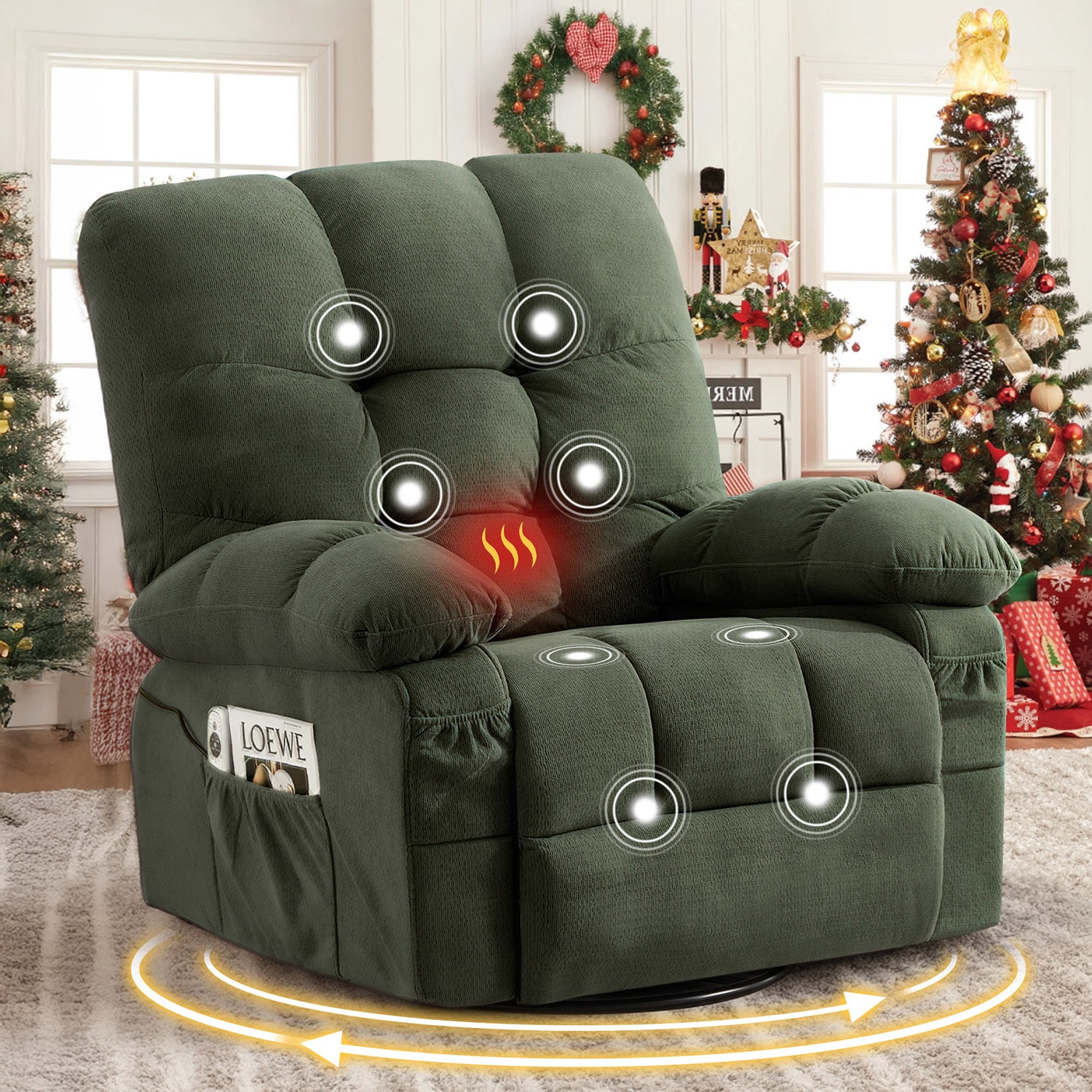 LUCKY ONE Green Linen Tufted Swivel Powered Reclining Massage Chair in ...