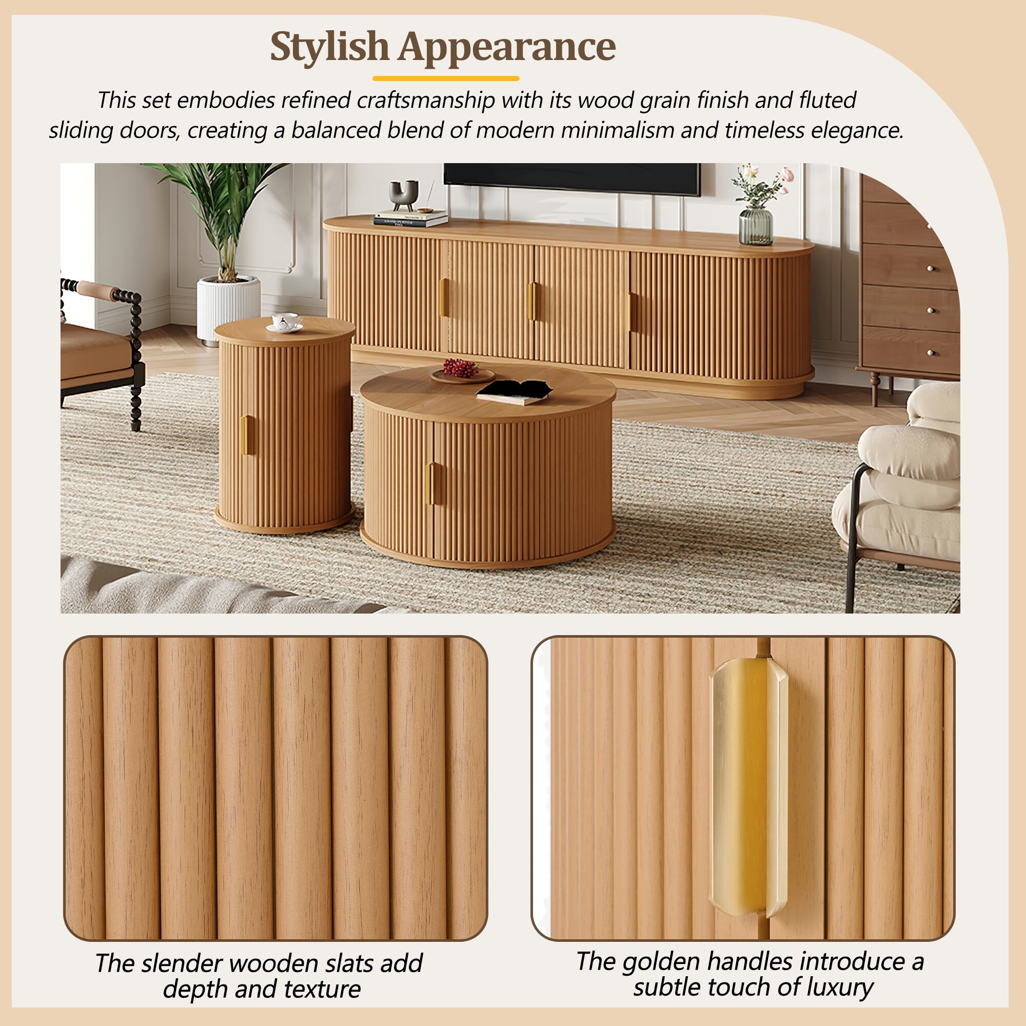 LOVMOR Assembly Video Wooden TV Stand Coffee Table Set with Fluted ...