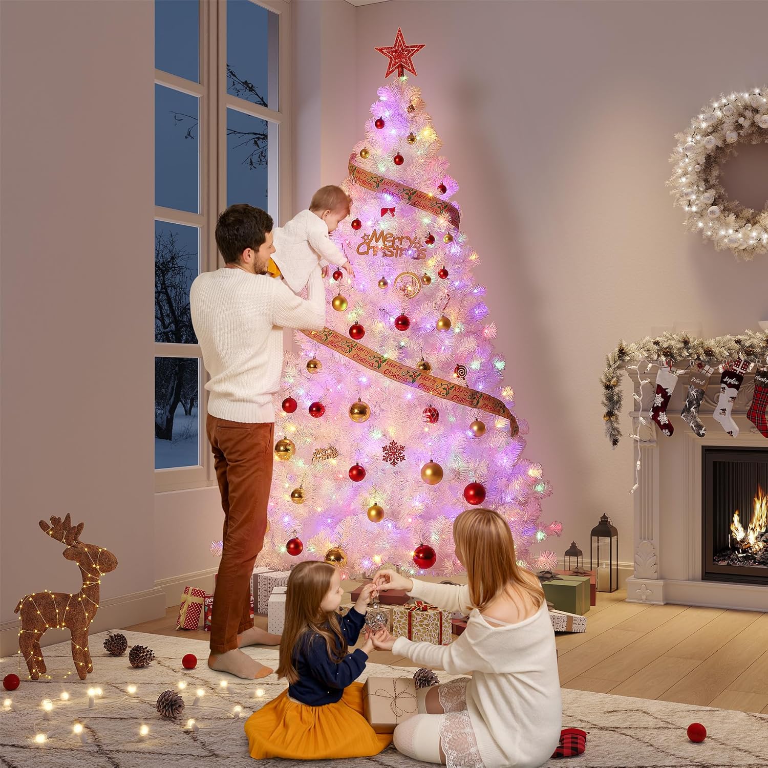 Der Rose Christmas Tree 9 FT Prelit Artificial White Pine 150 Dual ...