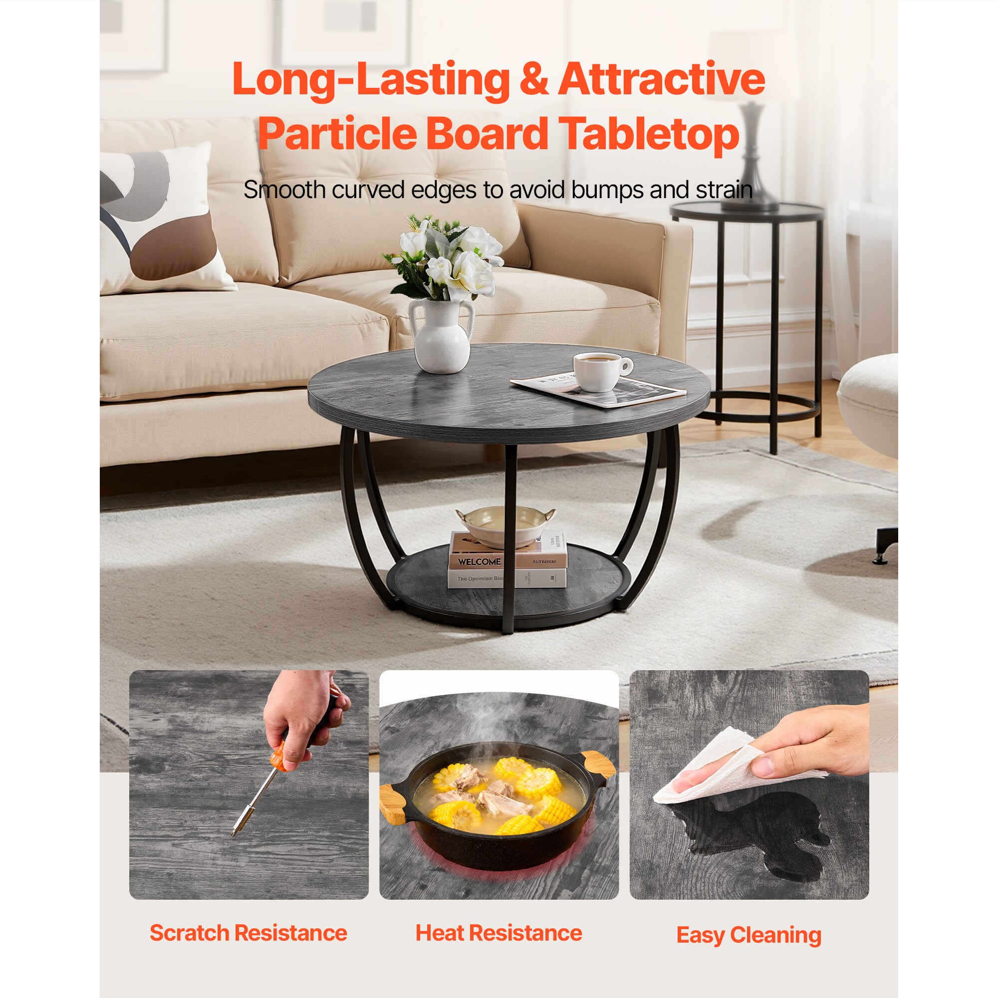 VEVOR Coffee Table Modern Round Coffee Table 2 Tiers Wooden Circle ...