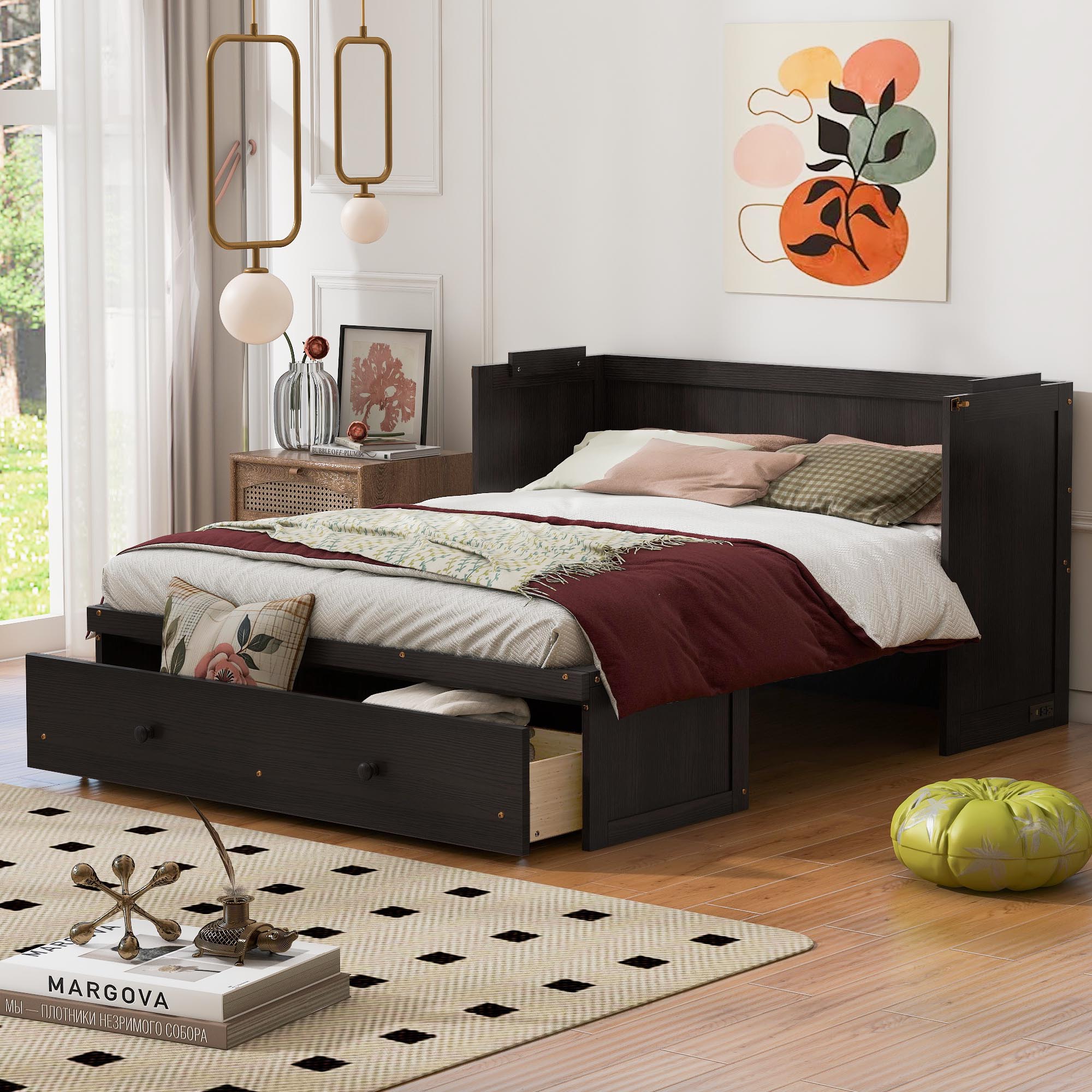 Qualler Espresso Brown Wood Frame Queen Size Murphy Bed with USB Port ...
