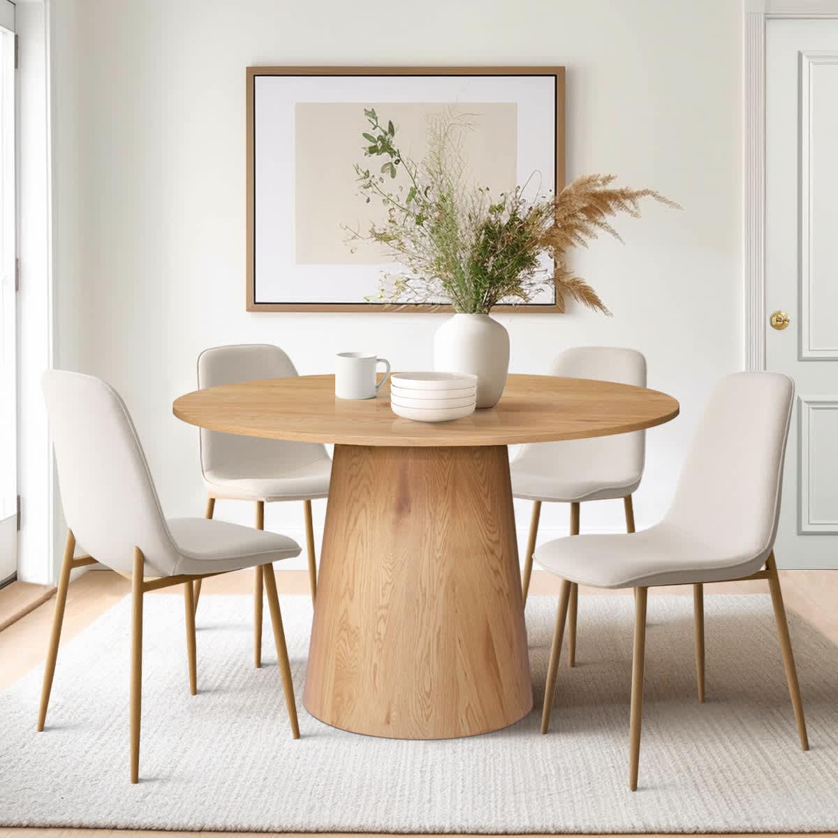 Maison Boucle 5 Piece Oak Round Dining Table Set with 4 Beige ...
