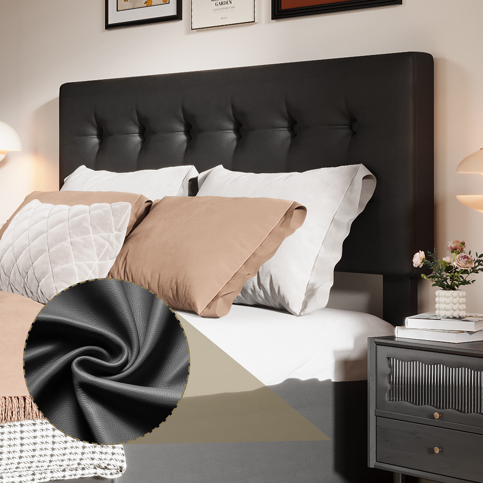 Assile Full Black PU Upholstered Bed Frame with Storage Drawers Tufted ...