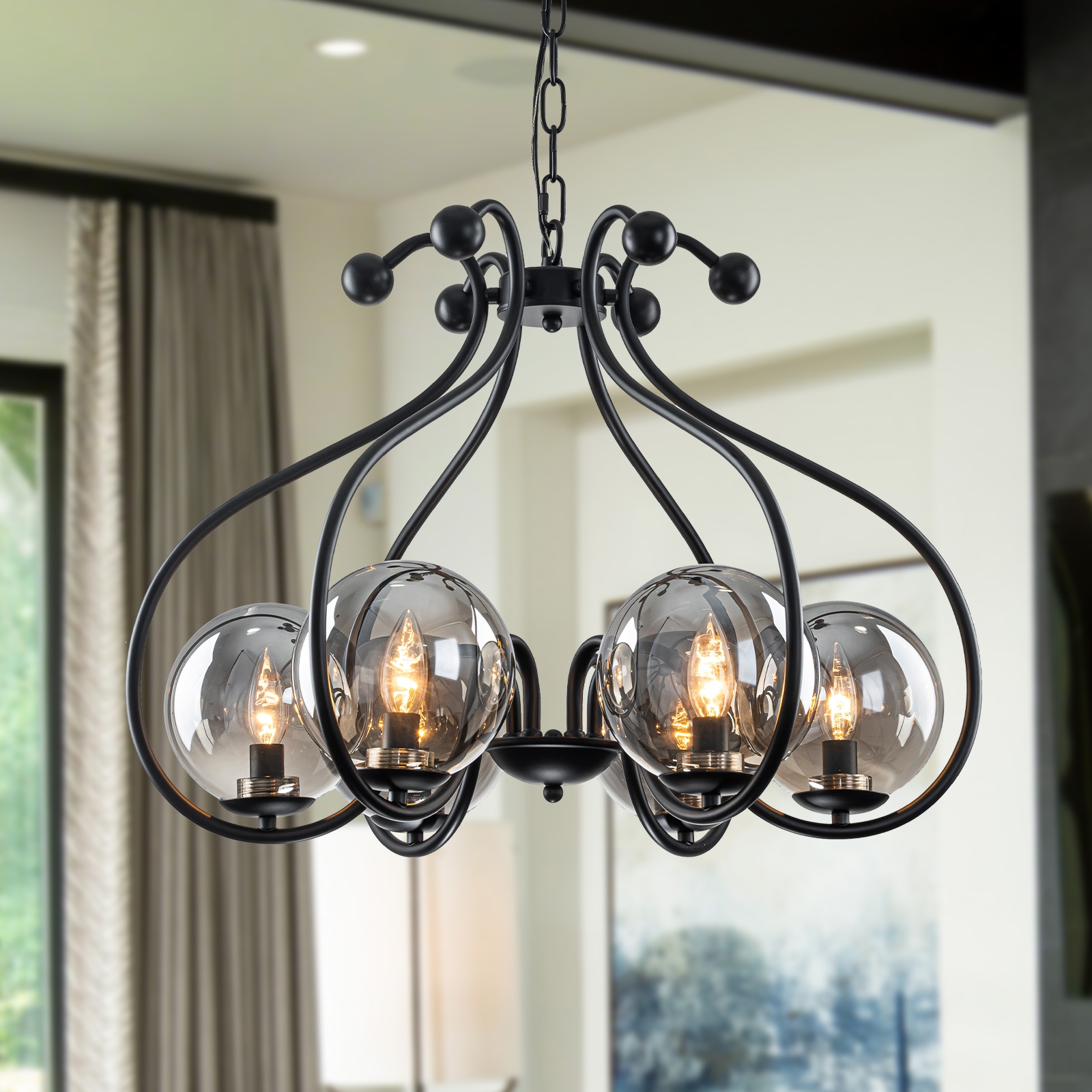 MENCOLULU Smoky Gray Glass Globes S-Curve Metal Chandeliers 6 -Light ...