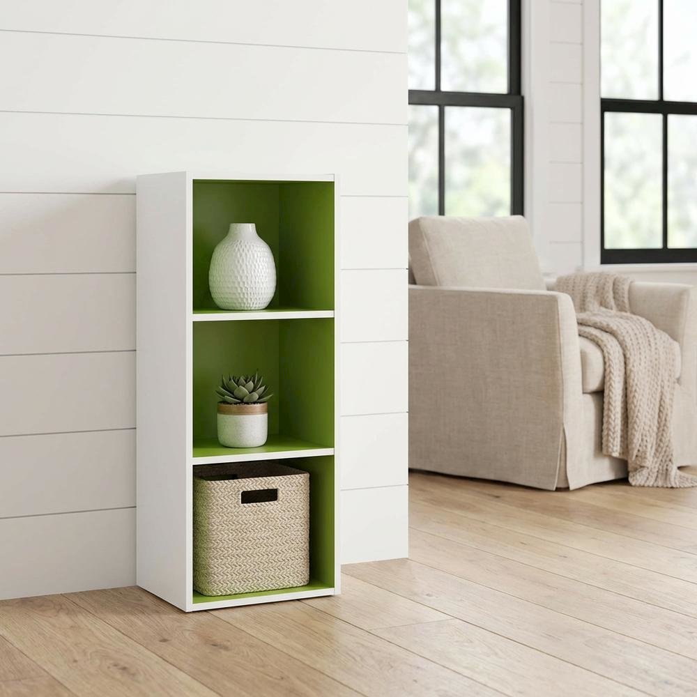 FurniFact White/Green 3-Tier Open Shelf Bookcase with Ample Storage and ...