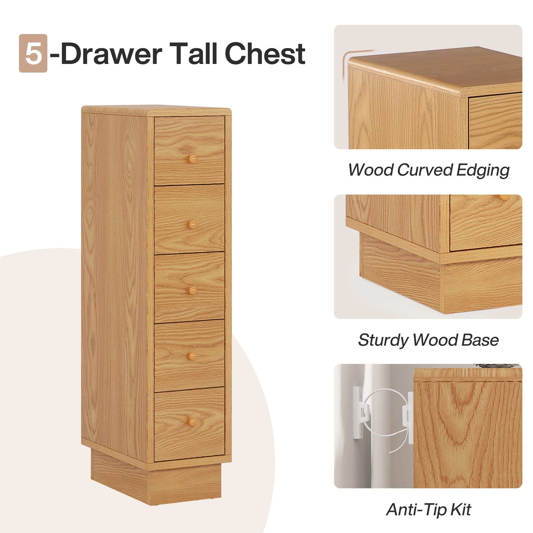 Fnova Slim Storage Drawers Organizer Lingerie Chest Brown 5 -Drawer 15. ...