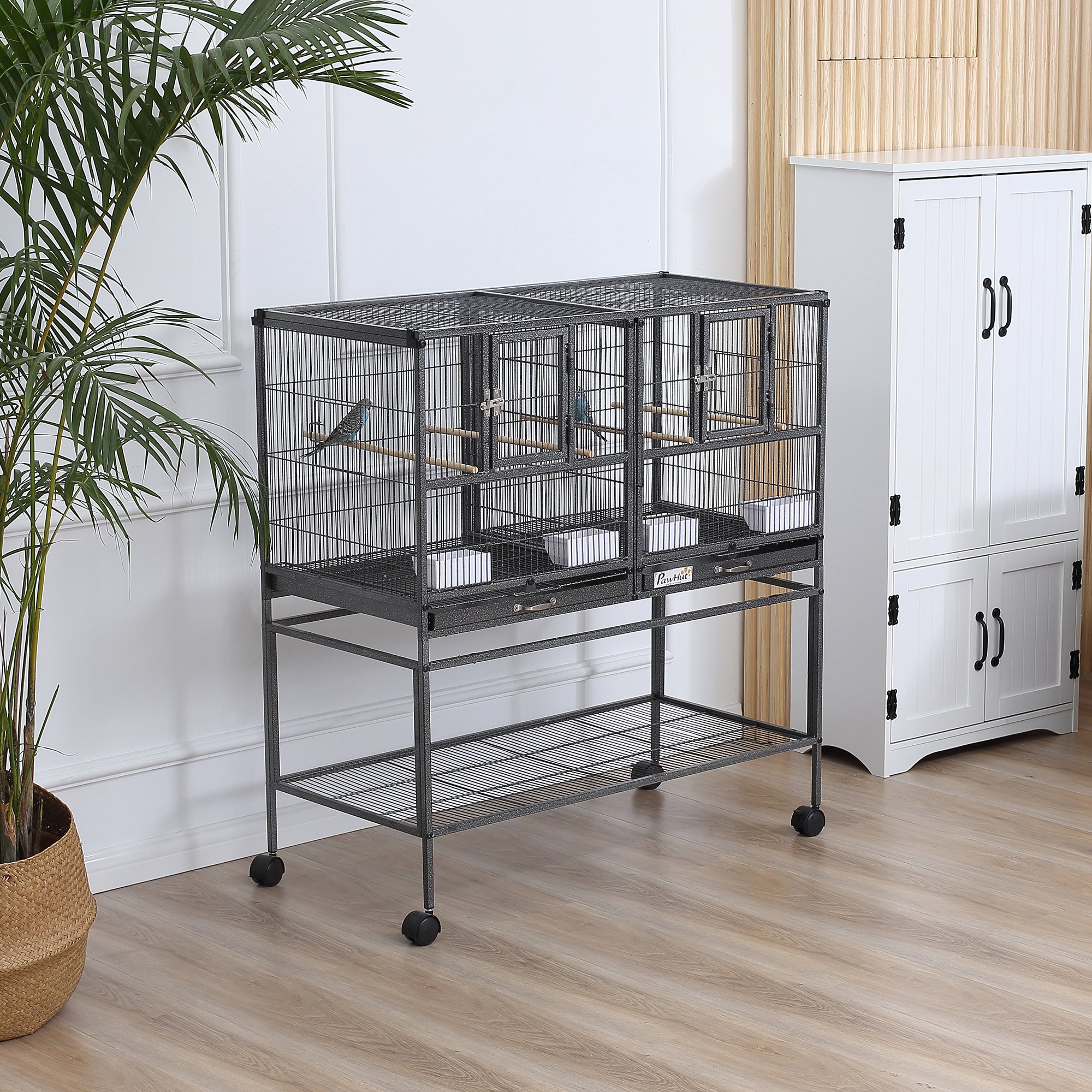 PawHut Divided Breeder Bird Cage with Rolling Stand Removable Metal ...