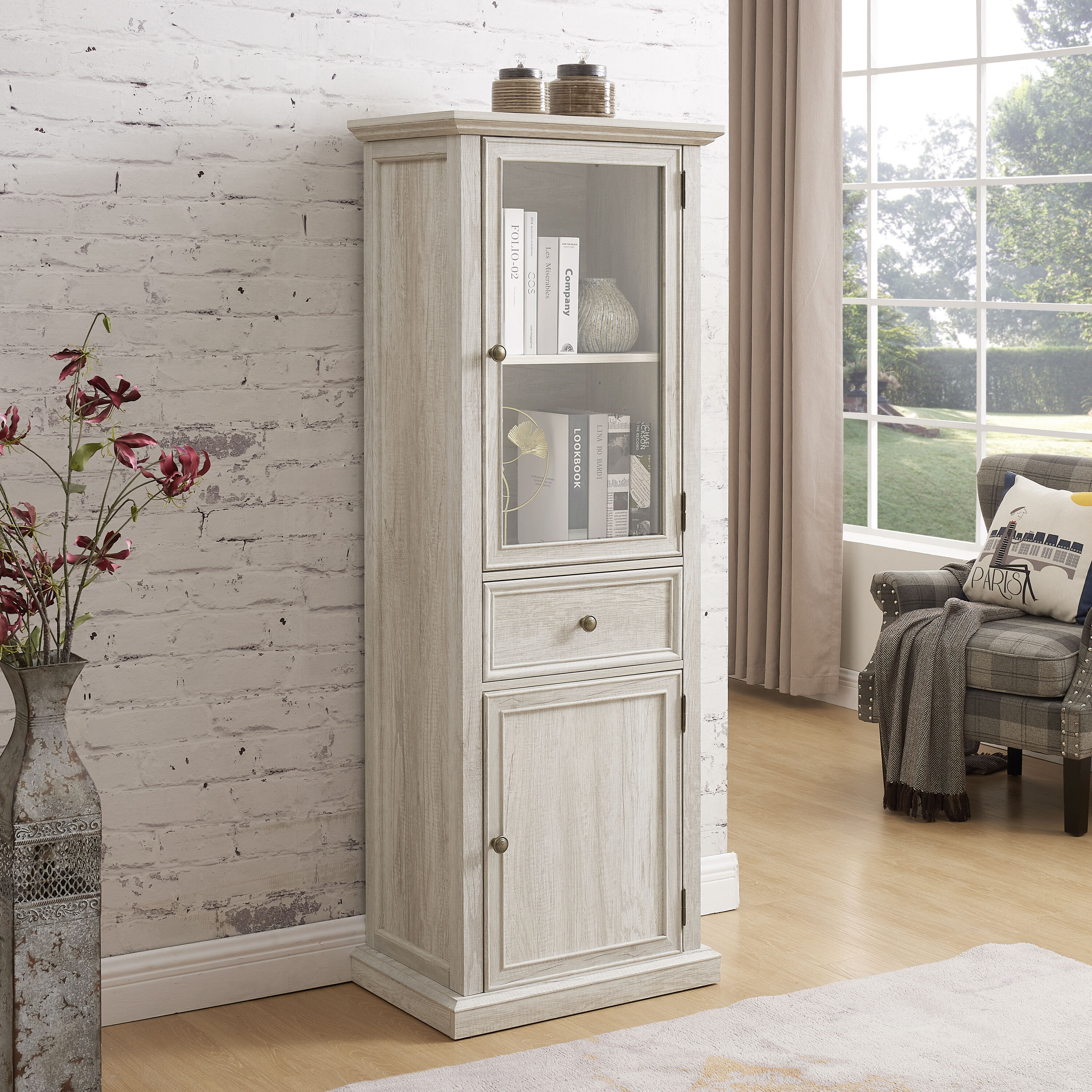 GDFStudio Nishtha Modern Tall Storage Cabinet with Glass Doors and ...