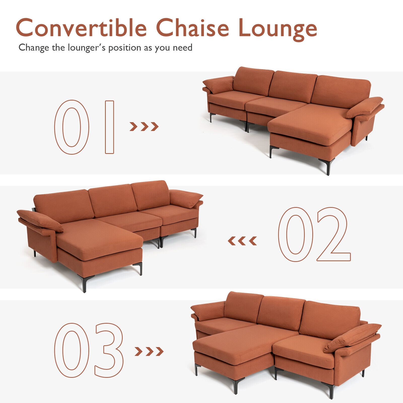 Slickblue 100.5 Inch Minimalist Gray or Rust Red Upholstered 3 Seater ...