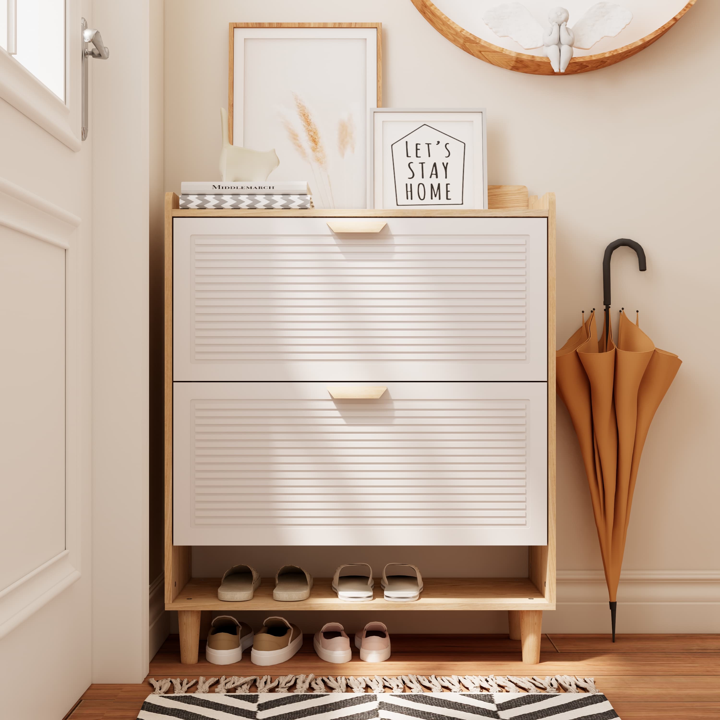 Vynxaria 32 Inch Nordic Style Shoe Cabinet 2 Flip Drawers Solid Wood ...