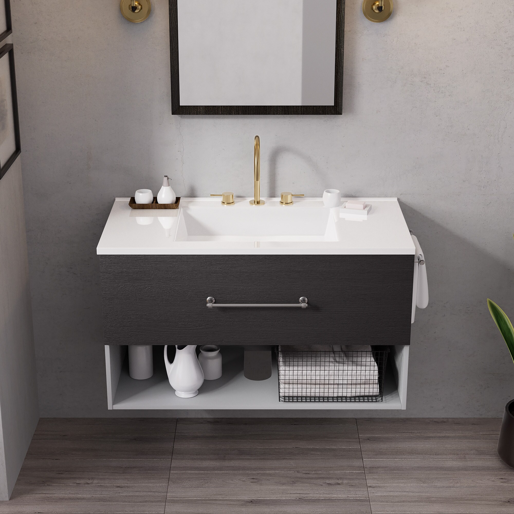 JEAREY Floating Bathroom Vanity 36-in Dark Gray Single Sink Floating ...