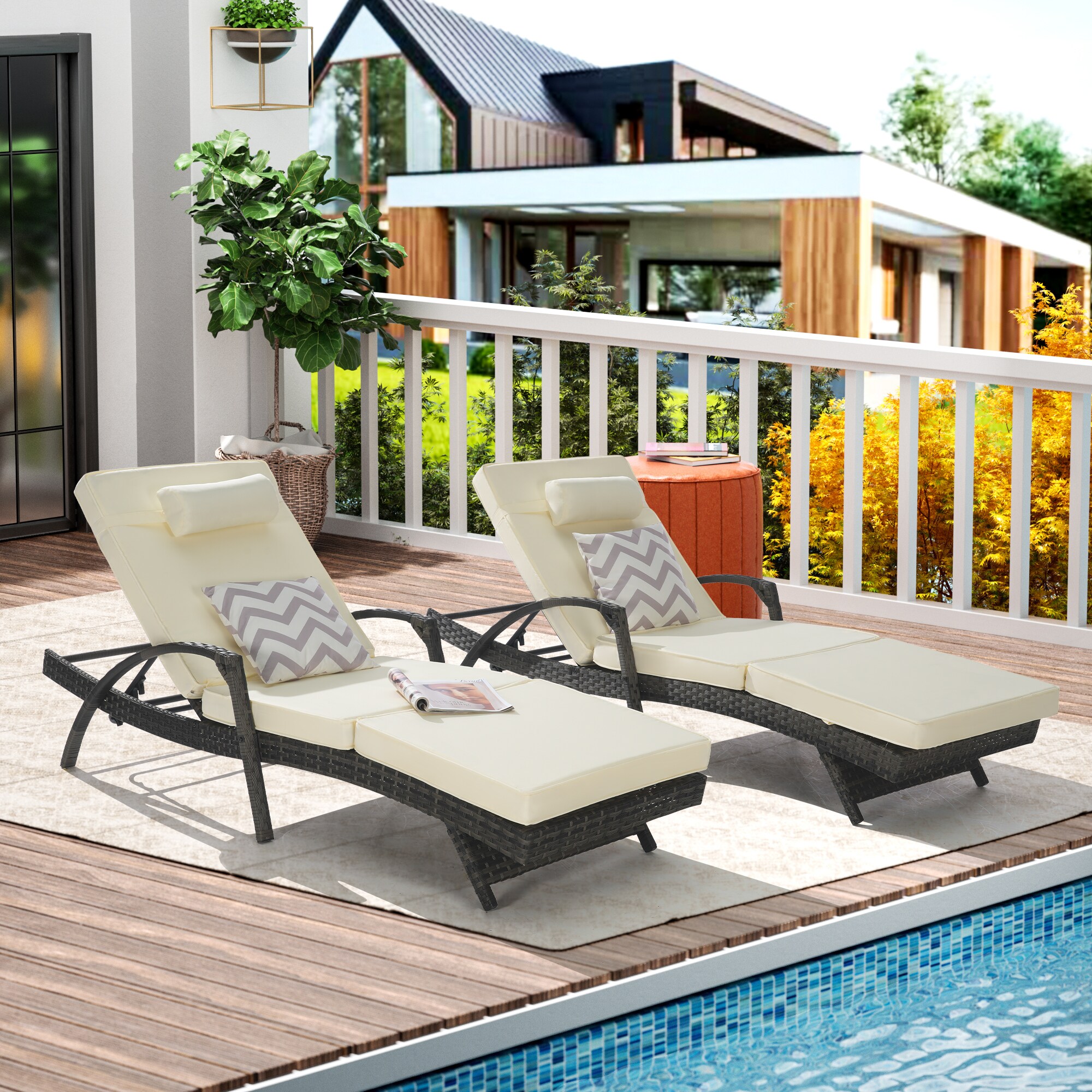 JUSHUA Set of 2 cushioned outdoor wicker reclining lounge chairs ...