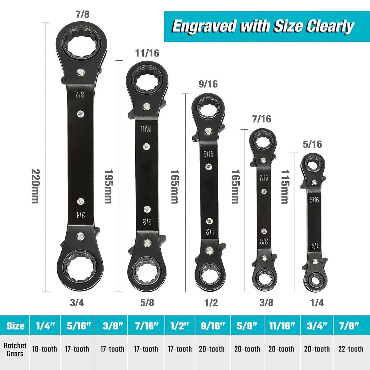 Aoibox 5 Piece Double Offset Box End Reversible Ratcheting Wrench Set ...