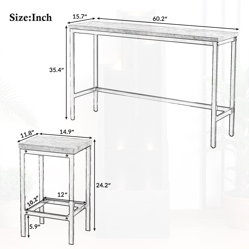 Watnature Extra Long Counter Height Pub Table Set with 3 Stools Side ...