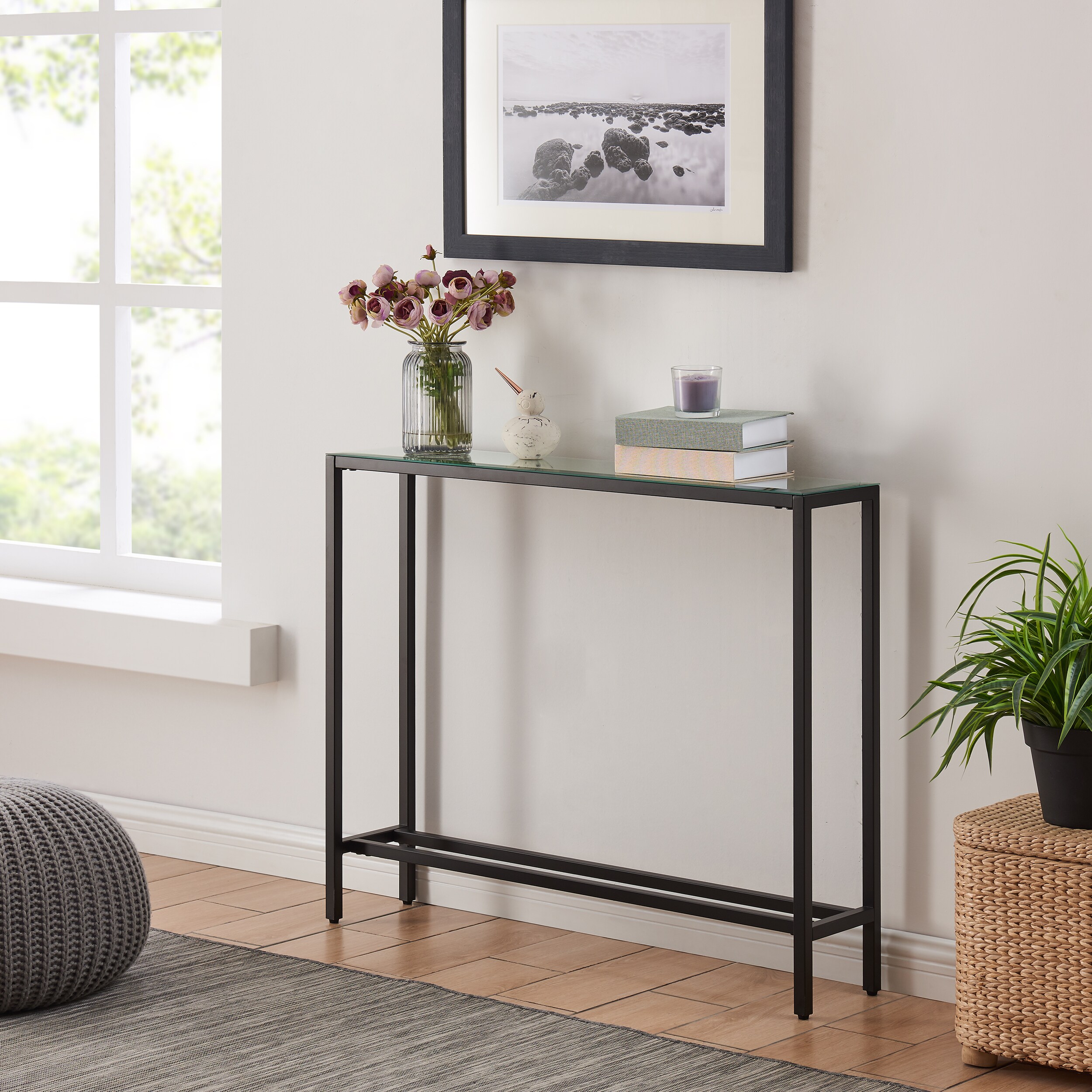 LUXEYARD Darrin Narrow Mini Console Table w Mirrored Top Black in the ...