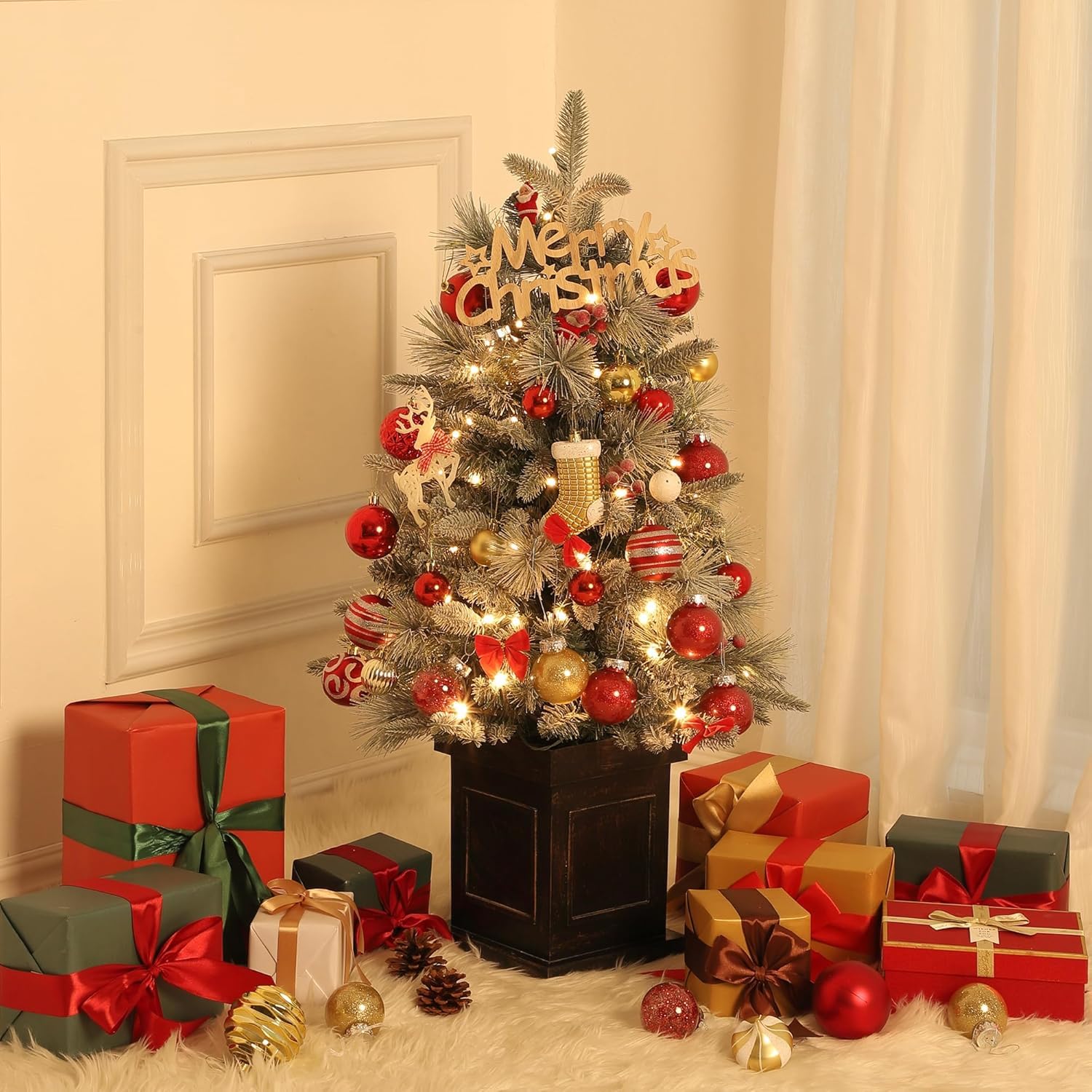 Der Rose 3FT A 1Pc Pre-Lit Christmas Tree Mini Potted Snow Flocked Tree ...