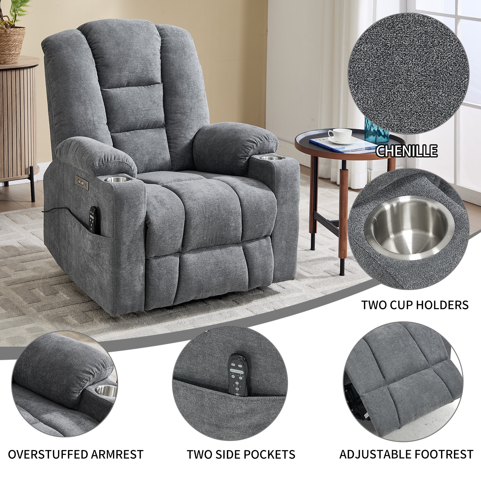 Dimakai Power Lift Recliner Chair with Heat Massage USB Cup Holders ...