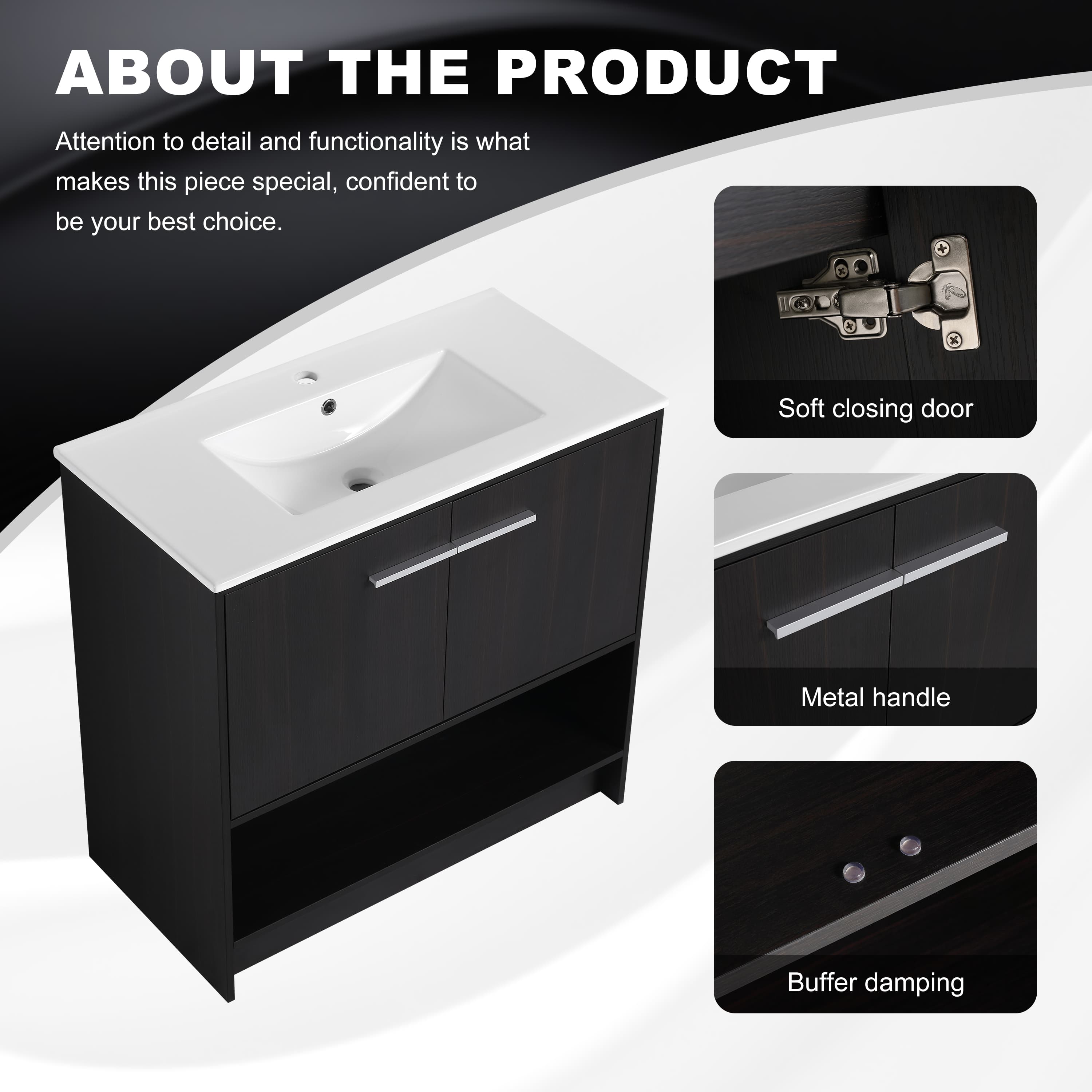 Vynxaria 36inch Freestanding Bathroom Vanity with Ceramic Sink 2 Soft ...