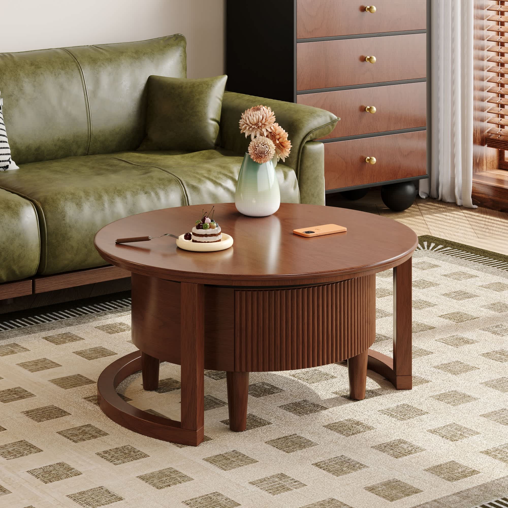 Vynxaria 32 Inch Vintage Round Nesting Coffee Table Fluted Drawer Two ...