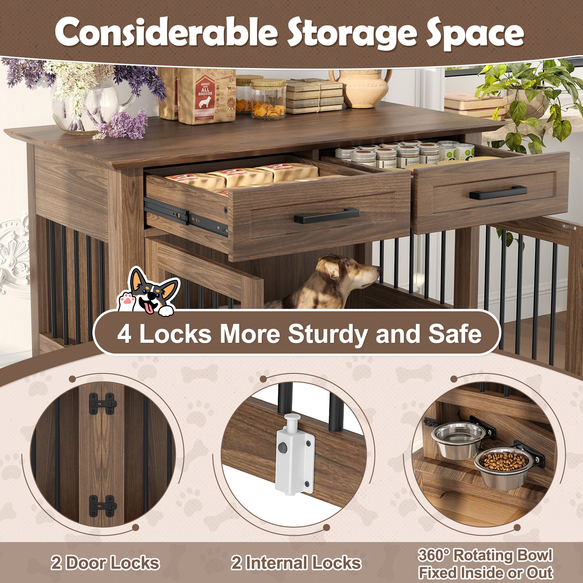 ModernLuxe 44.48inch Large Dog Crate Furniture Indoor Wooden Dog Kennel ...