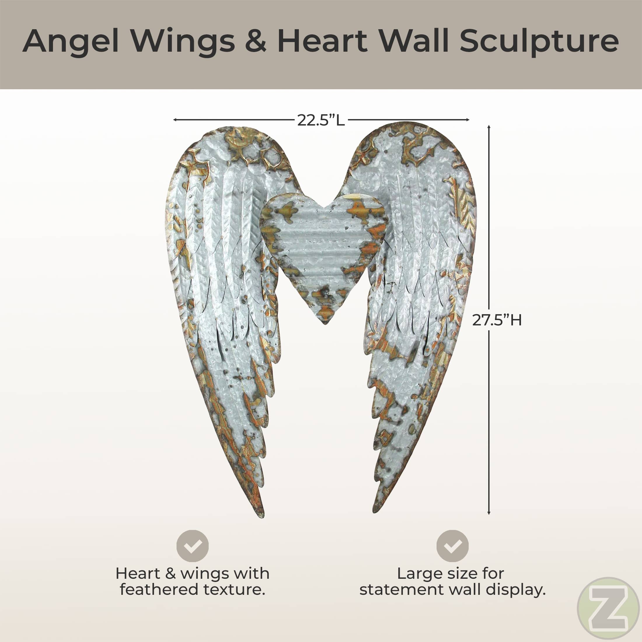Zeckos Rustic Galvanized Stamped Metal Art Angel Wings Heart Decorative ...