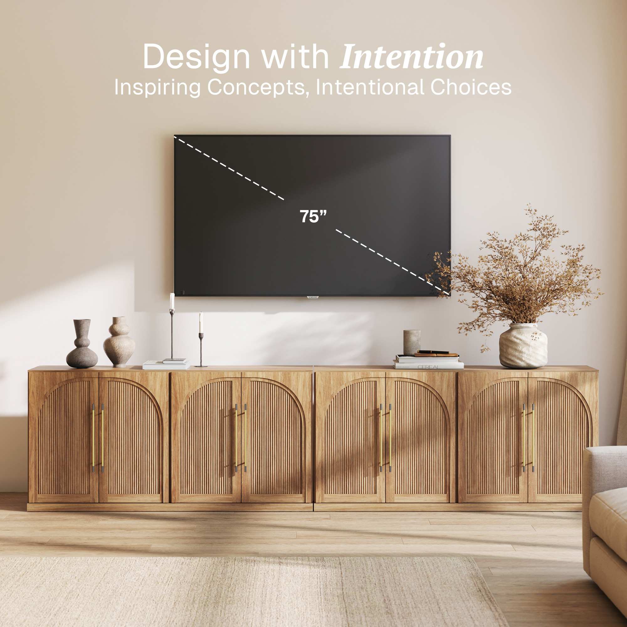 Belleze Camel Set of 2 65 Inch Sideboard Cabinet with Double Arc Wood ...