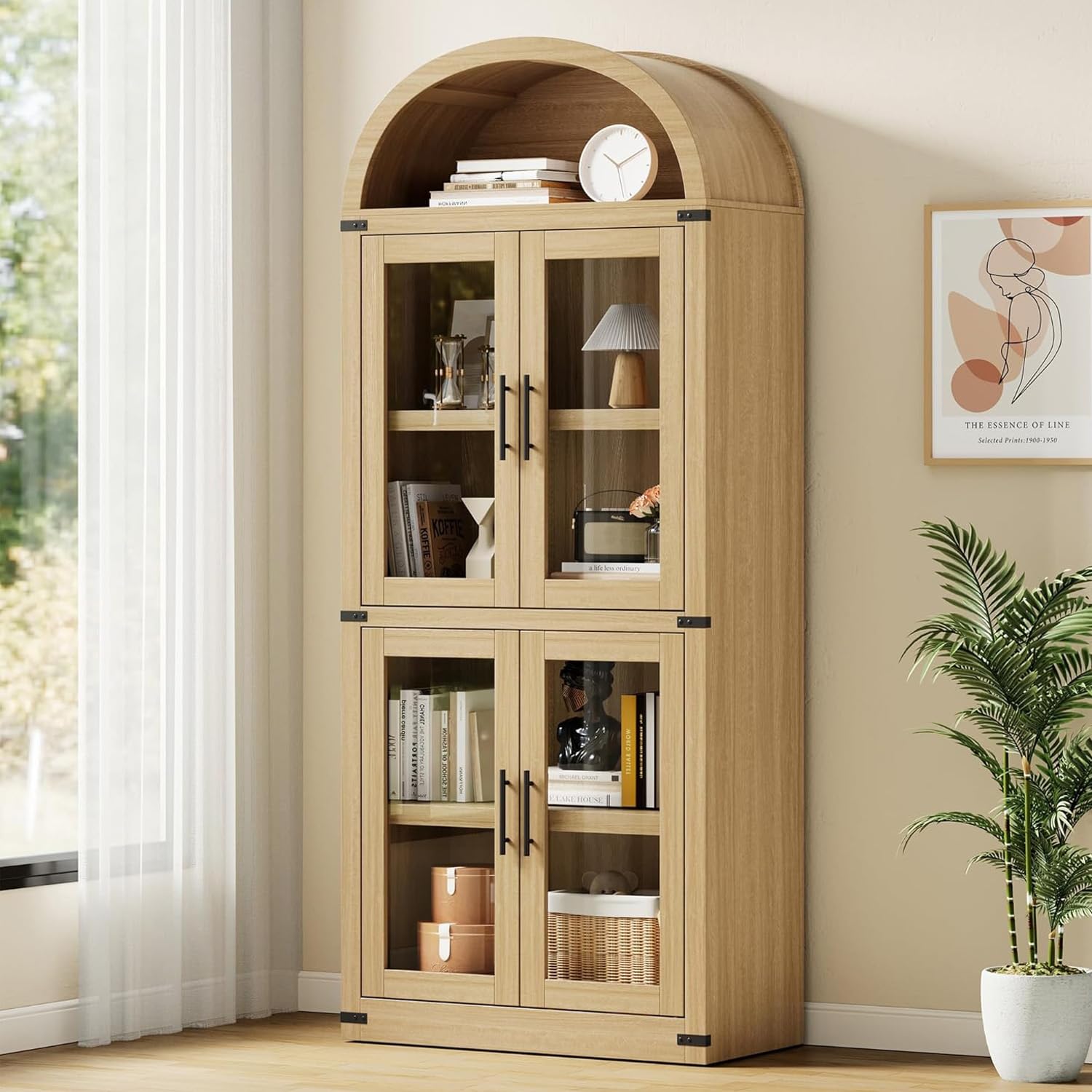 Garvee Wood Arched Bookcase with Glass Doors 5 Tier Storage Cabinet ...