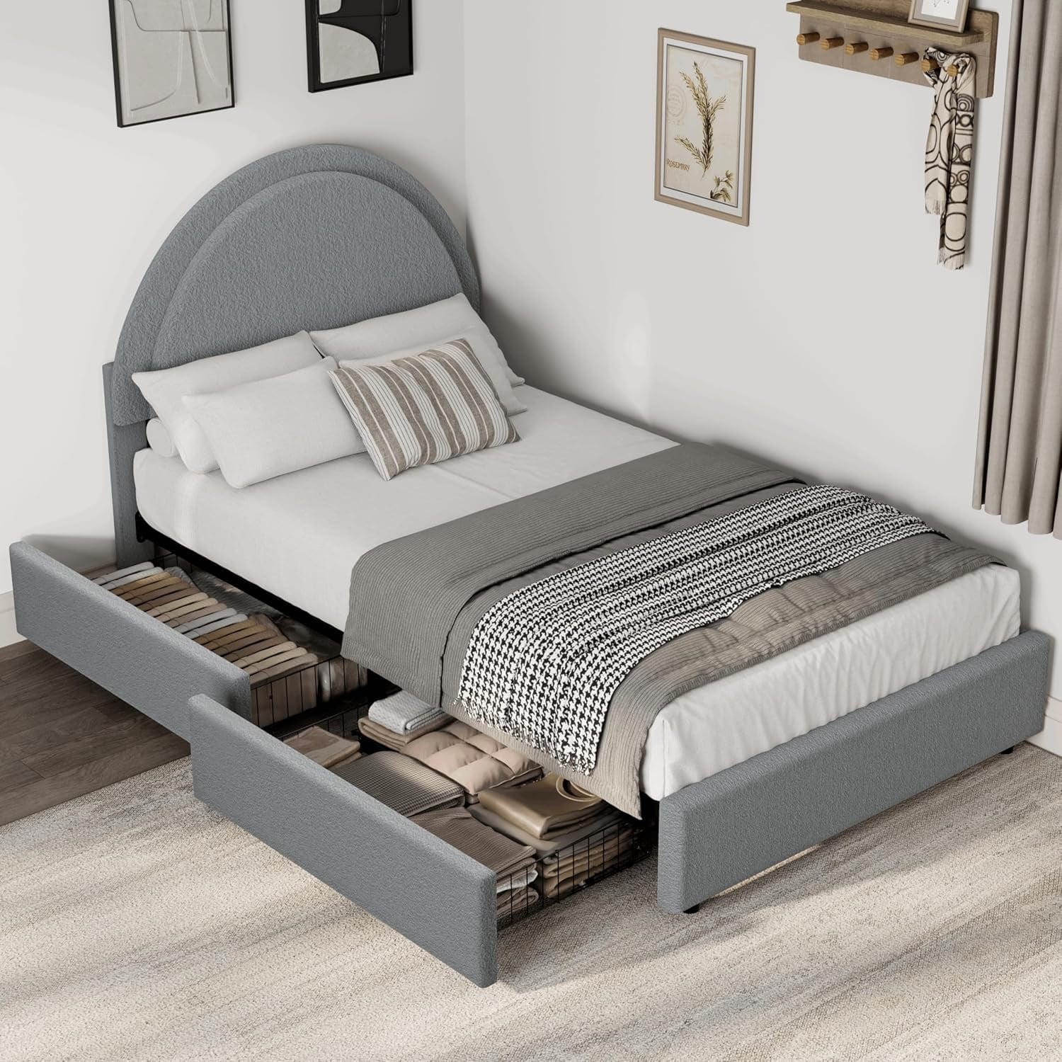 Garvee Twin Size Bed Frame with Storage Drawers- Upholstered Boucle ...