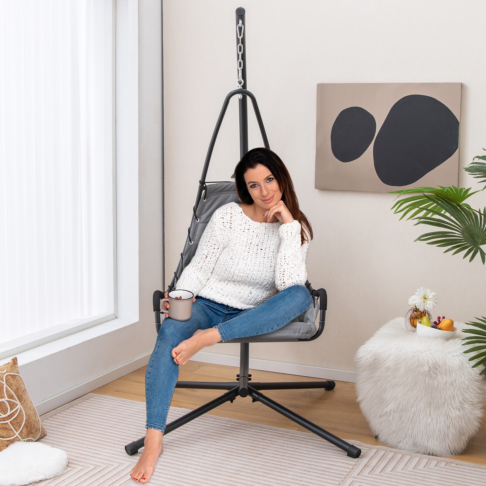 Slickblue Modern Hanging Swing Chair Gray Black Oxford Fabric Metal ...