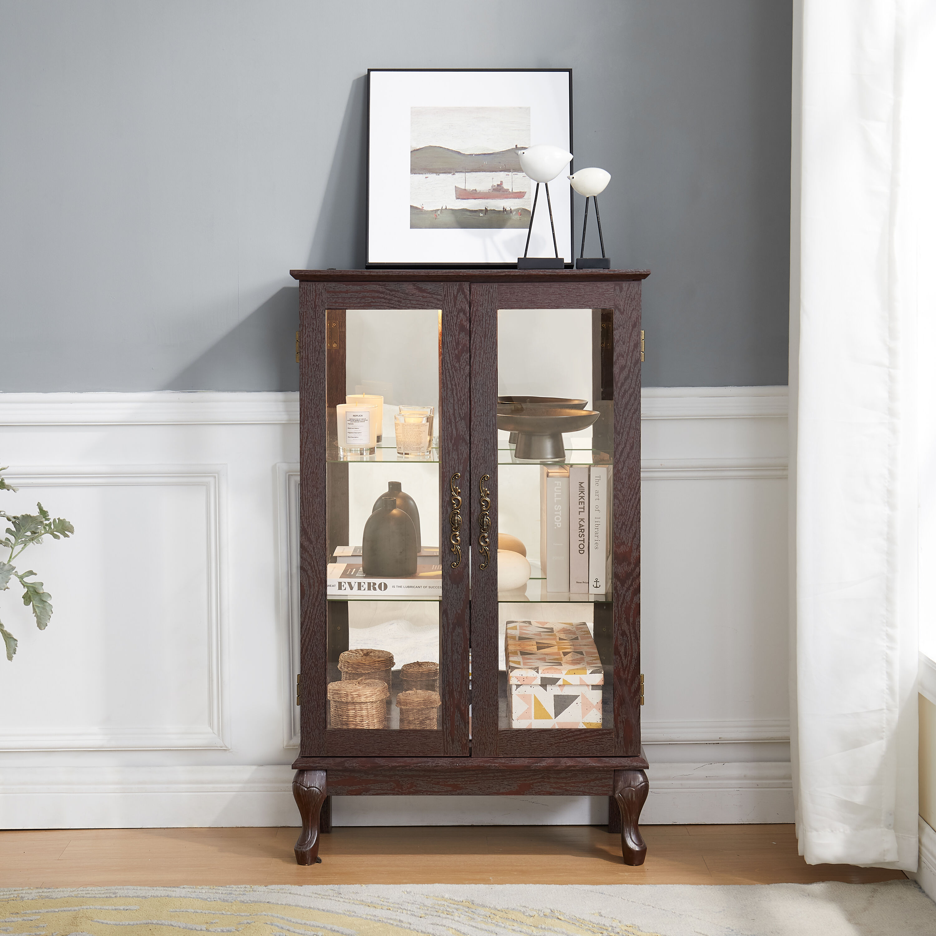 Huluwat Cherry Curio Cabinet with Tempered Glass Doors Lighted Display ...