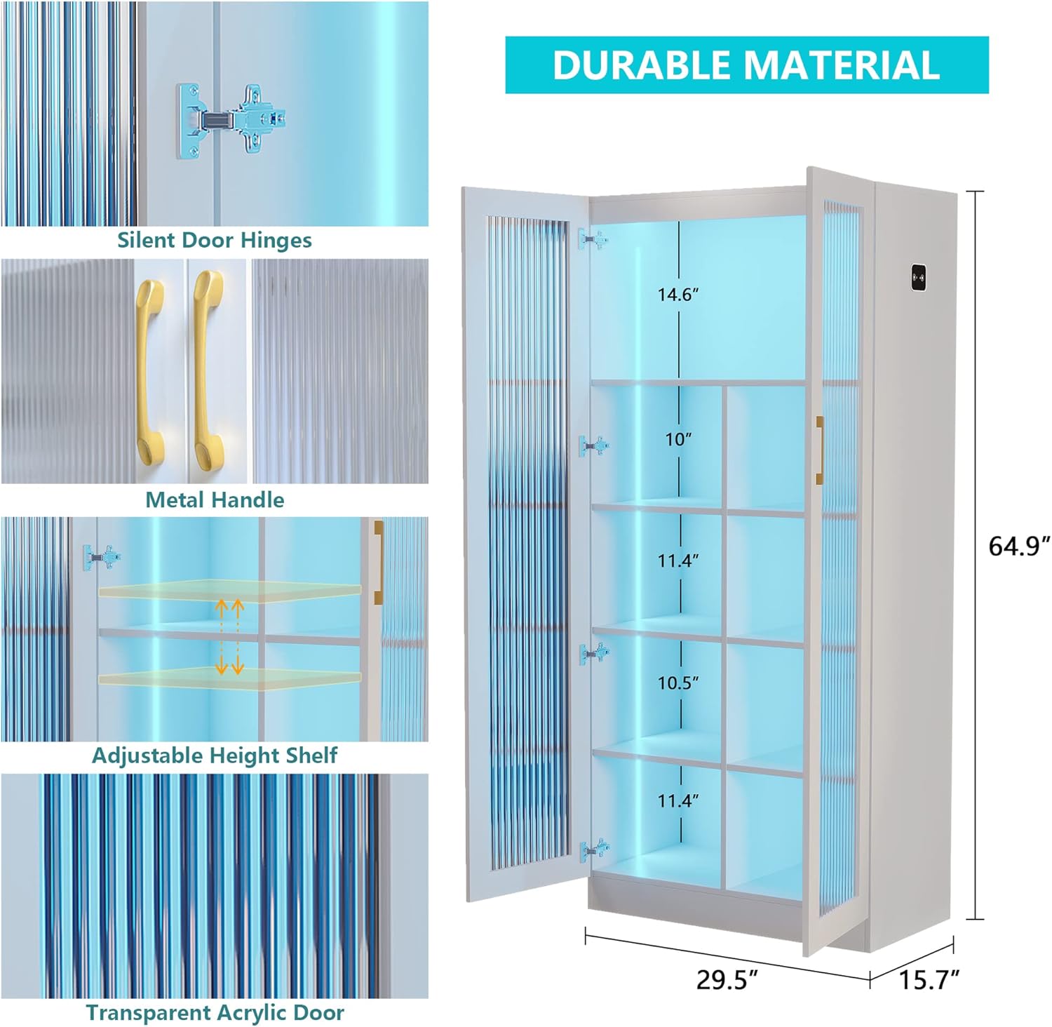 Vlsrka 65 Inch Glass Display Cabinet with LED Lights 2 Doors 5 Tier ...
