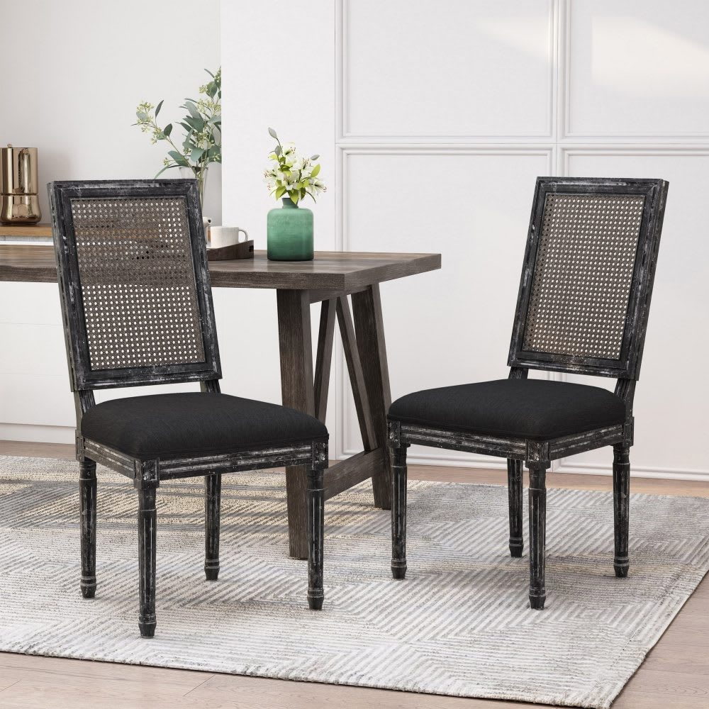 Coolbibila Set Of 2 French Black Fabric Upholstered Dining Chairs ...