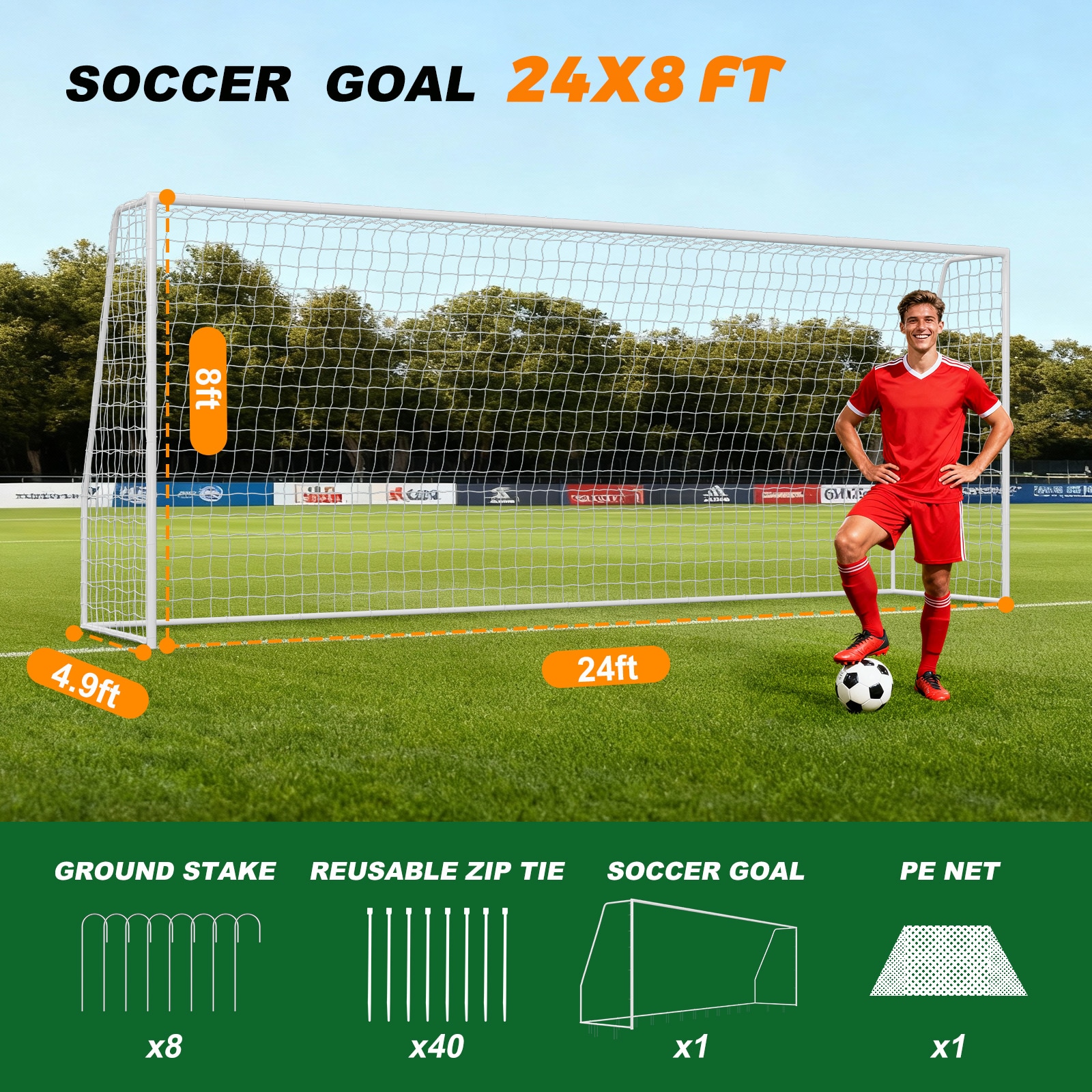 DOCRED 24x8 FT Soccer Goal Heavy Duty Metal Soccer Net for Youth and ...