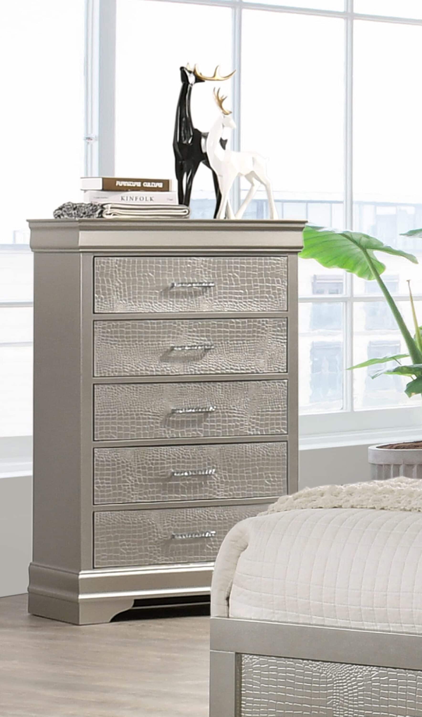 LUXEYARD 5-Drawer Tall Chest Modern 1pc Beige Champagne Texture Finish ...