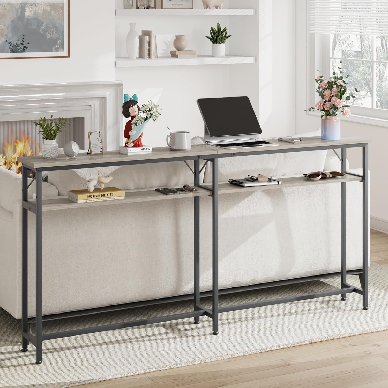 Garvee Sofa Tables Narrow Long 2 Tier Grey Console Table with Storage ...