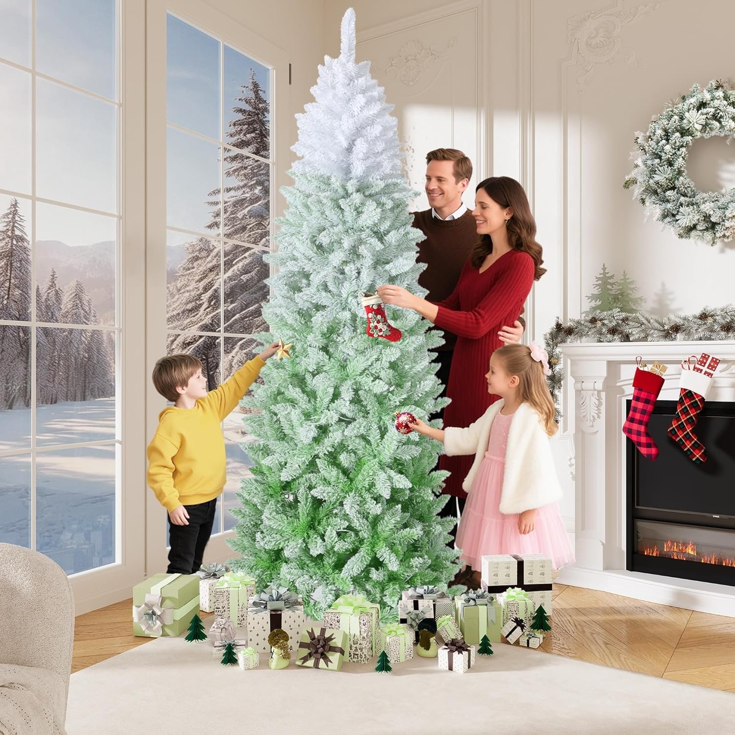 Qeetex 7.5Ft Colorful Pink Pencil Gradient Flocking Christmas TreeWarm ...