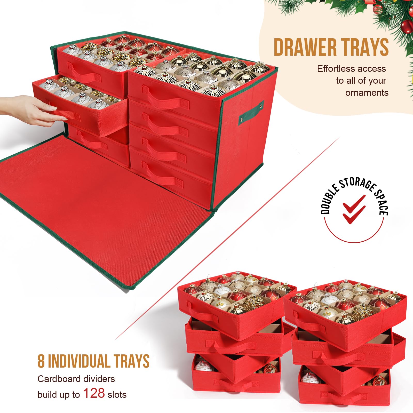 Aoibox Large Ornament Storage Box 8 Drawer Style Trays Holds 128 ...